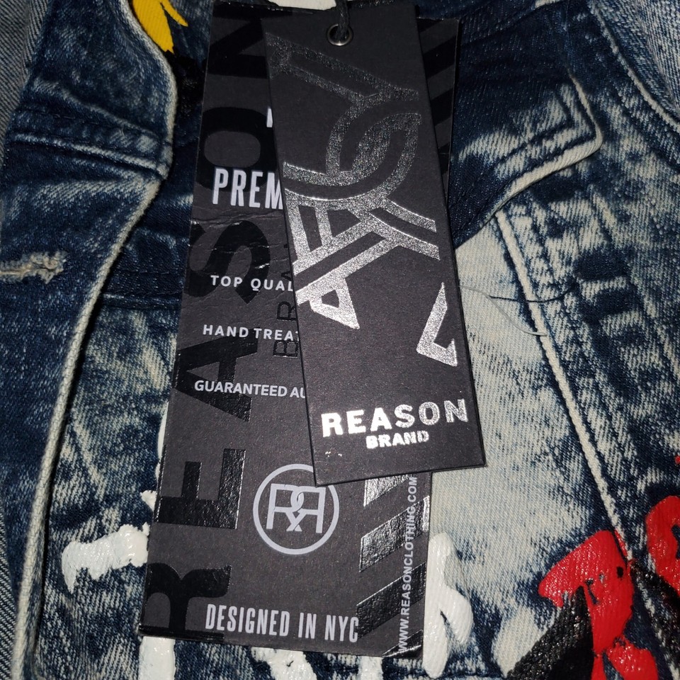 Reason Designed In NYC Men’s Denim Jacket Skeleton Flames Motorcycle ...