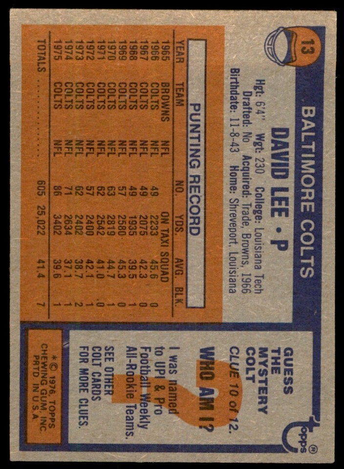1976 TOPPS DAVID LEE . BALTIMORE COLTS #13 | eBay