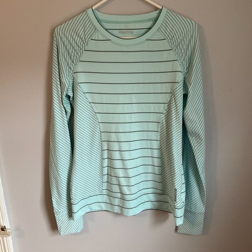 Reebok Women's Long Sleeve Icey Blue Grey Brushed Striped Tee Athletic ...