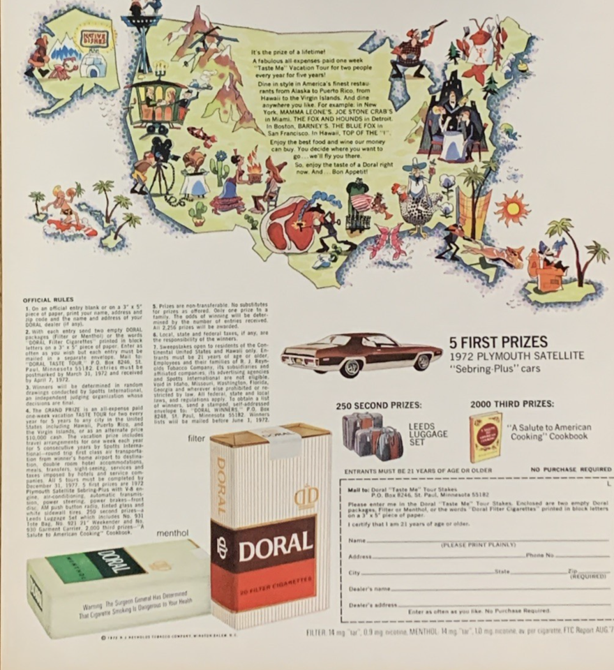 Doral Cigarettes Taste Me Tour Sweepstakes Vintage Print Ad 1972 #1798 ...