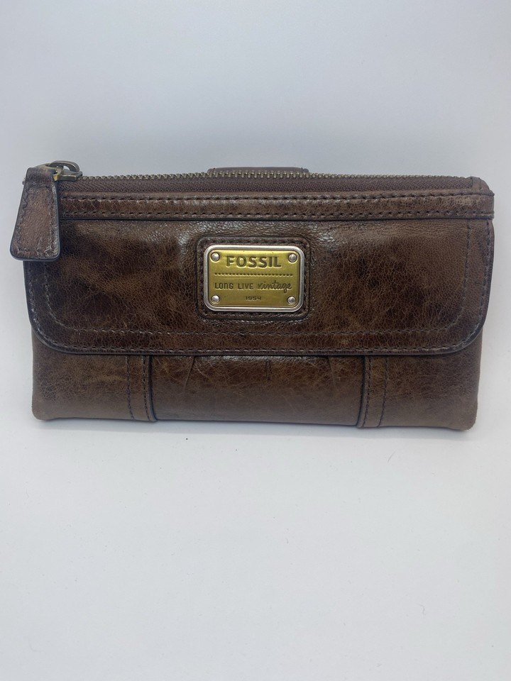 Fossil Long Live Vintage Large Leather Wallet Brown w/ Gold Accents 7.5 ...