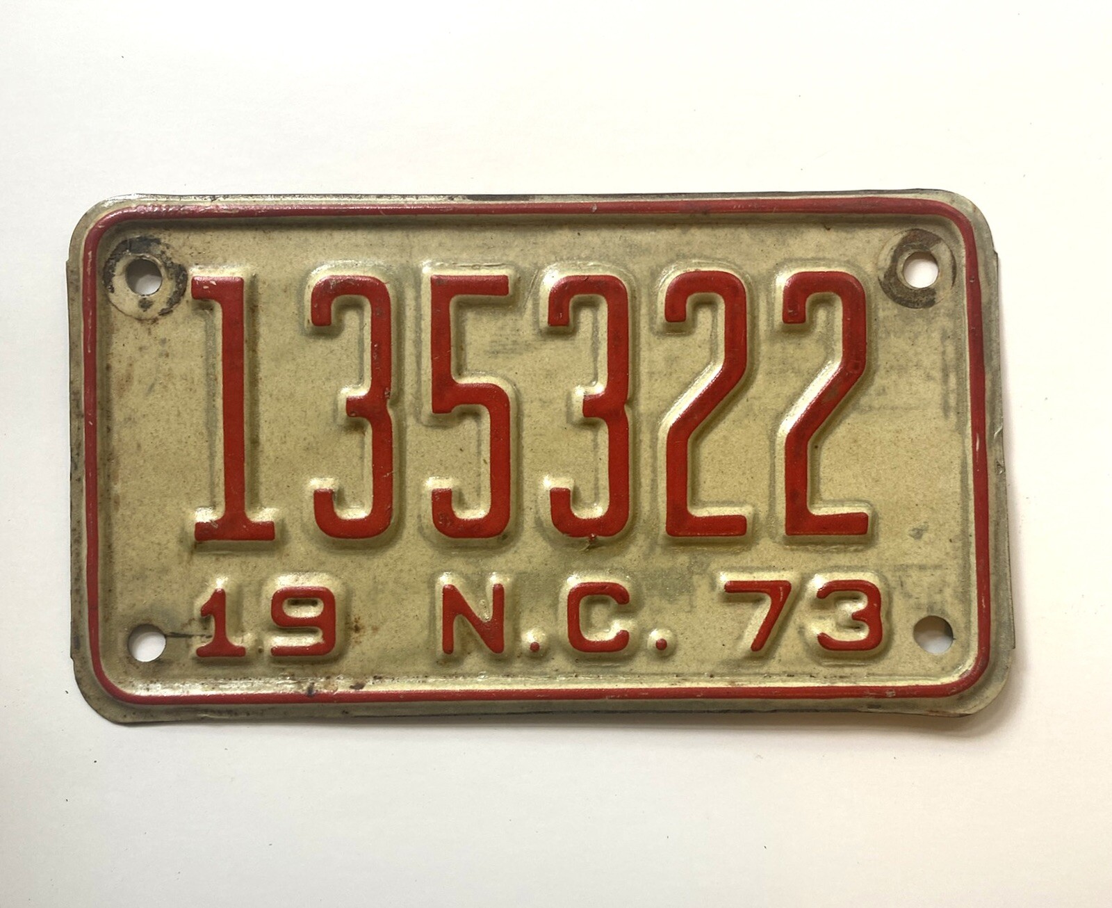 Vintage 1973 North Carolina Motorcycle License Plate NC 135322 White ...