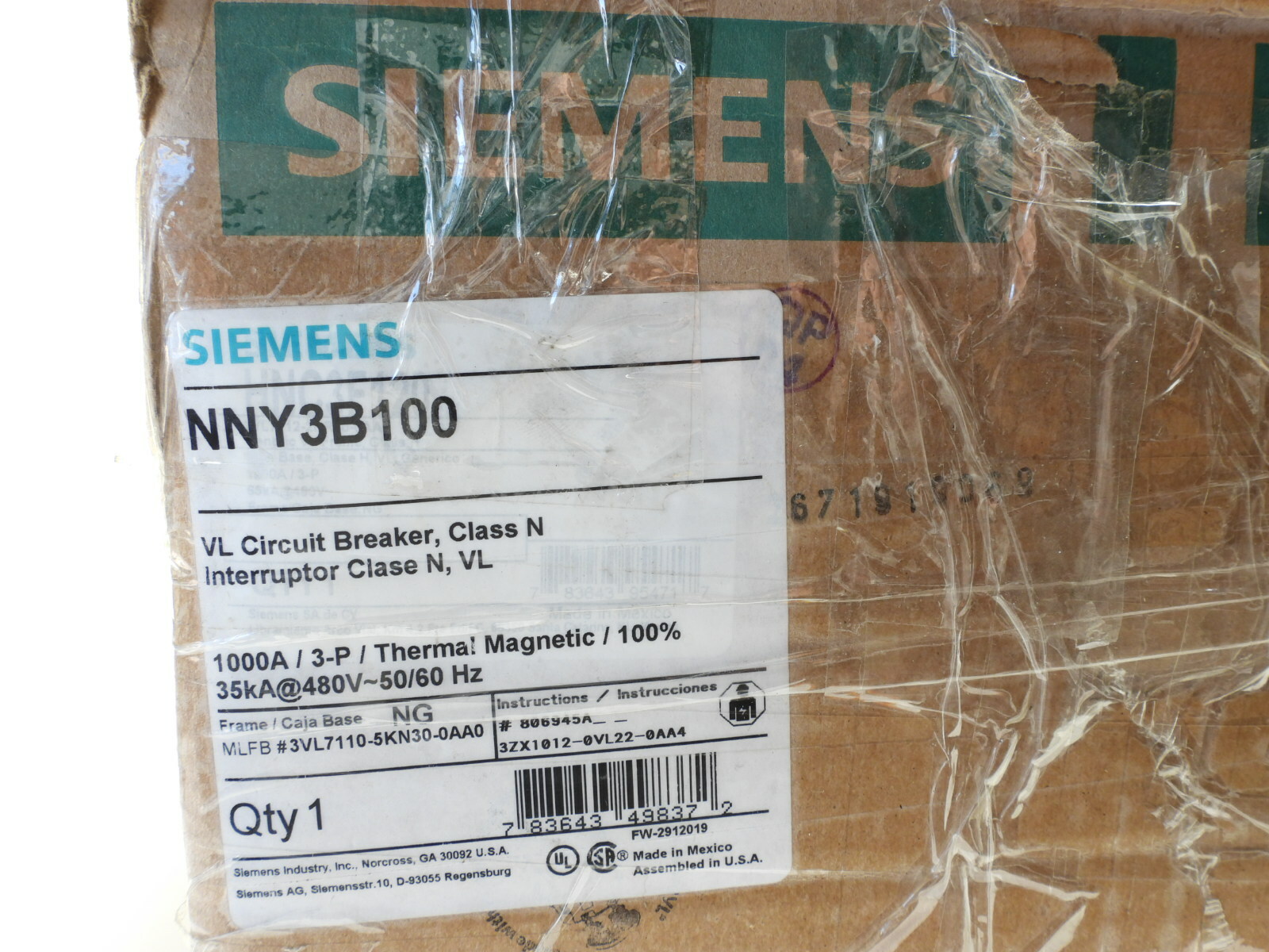 Siemens NNY3B100 1000 AMP Circuit Breaker Molded Case 1000A 600V AC ...
