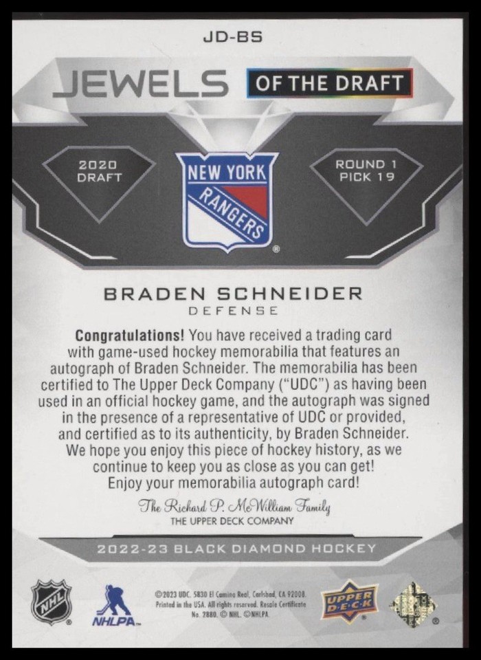 2022-23 BLACK DIAMOND JEWEL OF THE DRAFT AUTO PATCH BRADEN SCHNEIDER ...