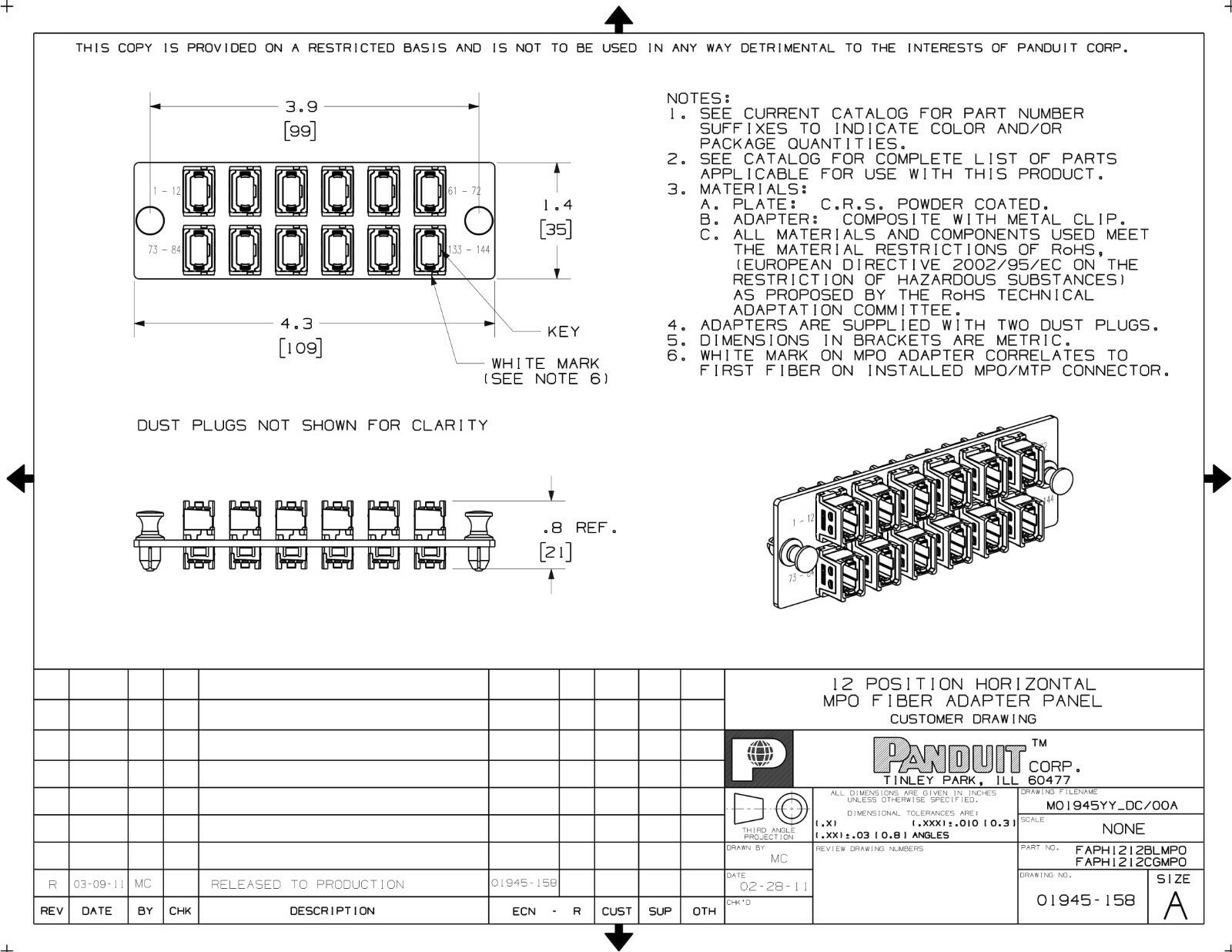 Panduit FAPH1212BLMPO Fiber Adapter Panels, Twelve Key-up/Key-down MPO ...
