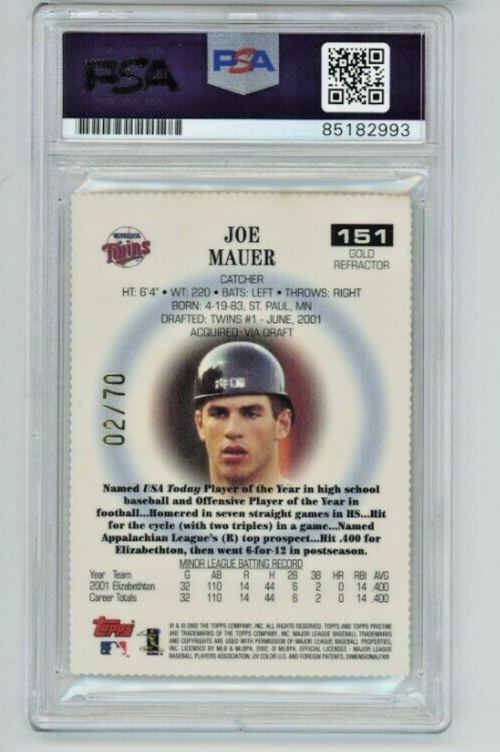 JOE MAUER #/70 AUTO 10 PSA/DNA Gold Refractor ROOKIE 2002 Topps ...