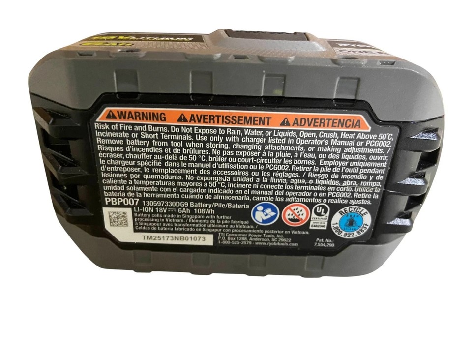 RYOBI ONE+ 18V High Performance Lithium-Ion 6.0 Ah Battery PBP007 ...