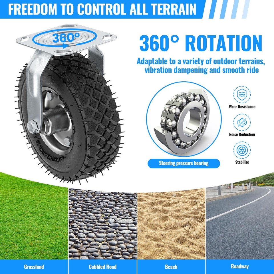 8 Inch Pneumatic Caster Wheels Set of 4 (2 Swivel/2 Rigid),Heavy Duty ...