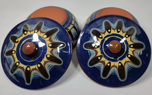 2-BULGARIAN TROYAN Bowls w/Lids Blue Cream Brown Folk Art Redware ...