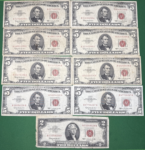 (Lot of 8) 1963 Five Dollar Bills + 1963 Two Dollar Red Seal United ...