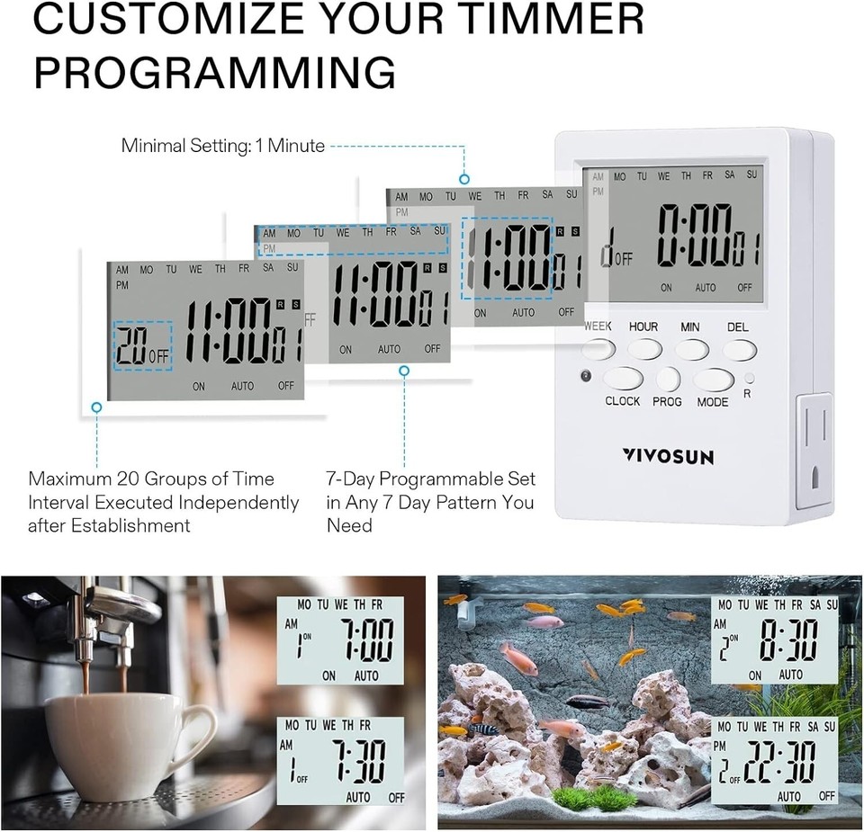 VIVOSUN 7 Day Timer Digital Programmable Electric Timer Dual Outlet ...