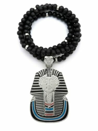 HIP HOP EGYPTIAN PHARAOH KING TUT PENDANT & 36" 8mm BLACK WOODEN BLING ...