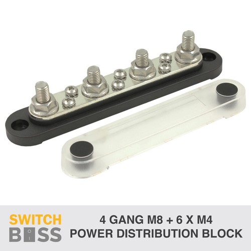 4 GANG M8 BLACK Power Distribution Block Bus Bar Terminal Post Stud 12v ...