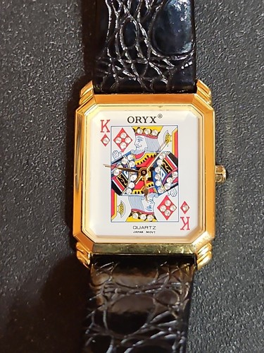 Womens Vtg ORYX King Of Diamonds Quartz Tank Watch W/ Black Genuine ...