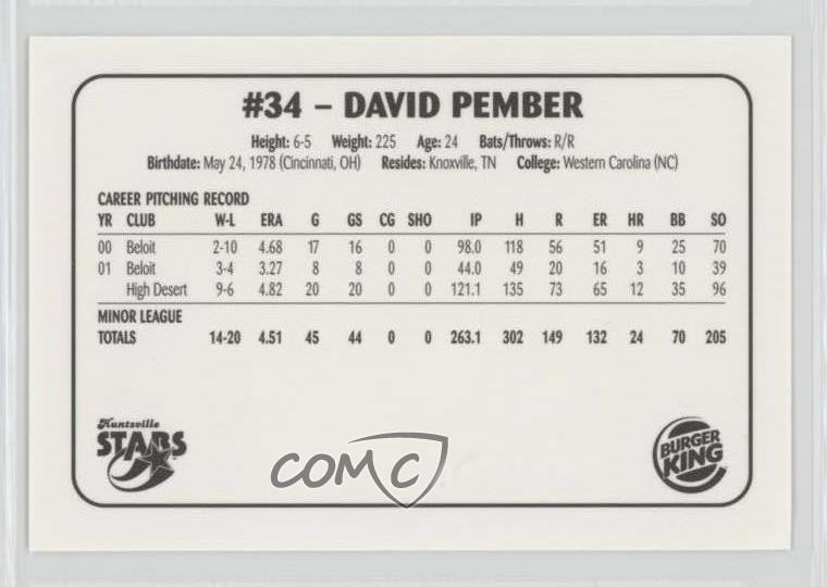 2002 Burger King Huntsville Stars Dave Pember David Pember 0q3 | eBay