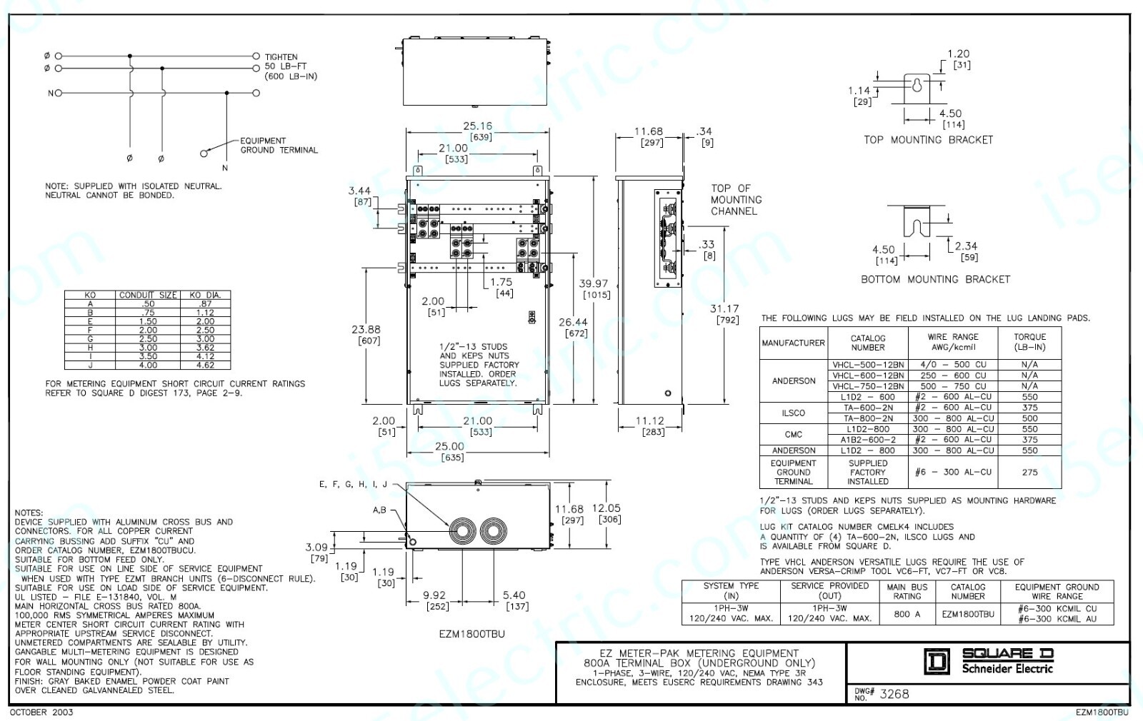 SQUARE D EZM1800TBU 800 AMP 1 PH EZM METER MAIN TAP BOX / TERMINAL BOX ...