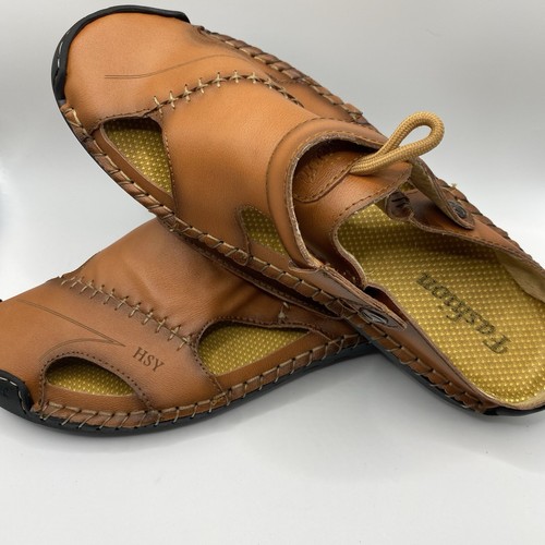 HSY Fashion Men’s 100% Caoutchouc Brown Leather Closed Toe Sandal, Size ...