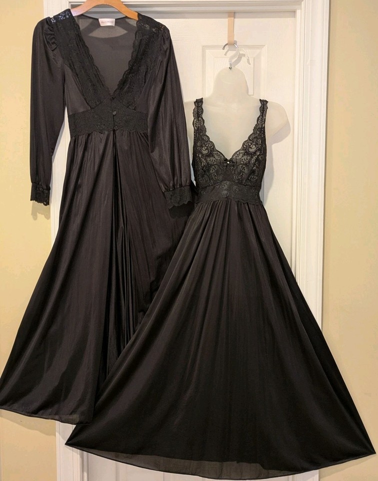 Vtg Shadowline Peignoir Set Sz S/M Black Lacy Nylon Nightgown & Robe ...