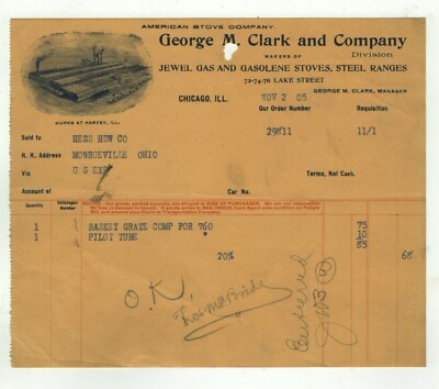 1905 GEORGE M CLARK CO BILLHEAD JEWEL GAS & GAS STOVES STEEL RANGES ...