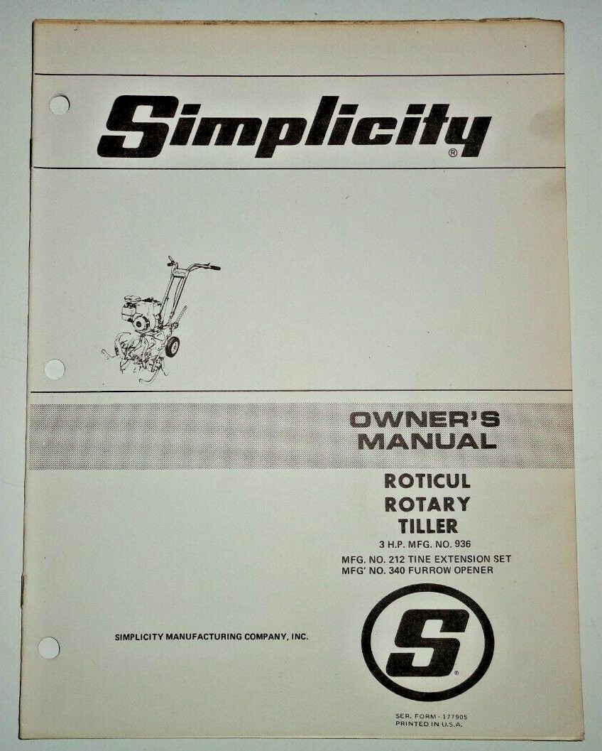 Simplicity Roticul Rotary Tiller 3 HP Mfg.No.936 Owners / Parts Manual ...