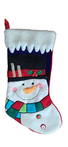 Snowman Christmas Stocking Fleece Red Satin Back Buttons Fuzzy Carrot ...