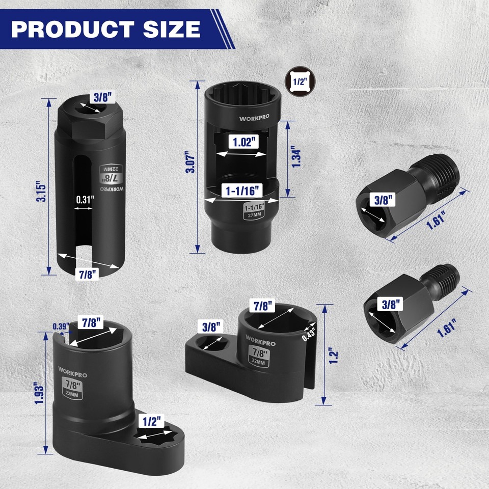 WORKPRO 6PC O2 Oxygen Sensor Socket Automotive3/8"1/2"Drivex1-1/16"7/8 ...