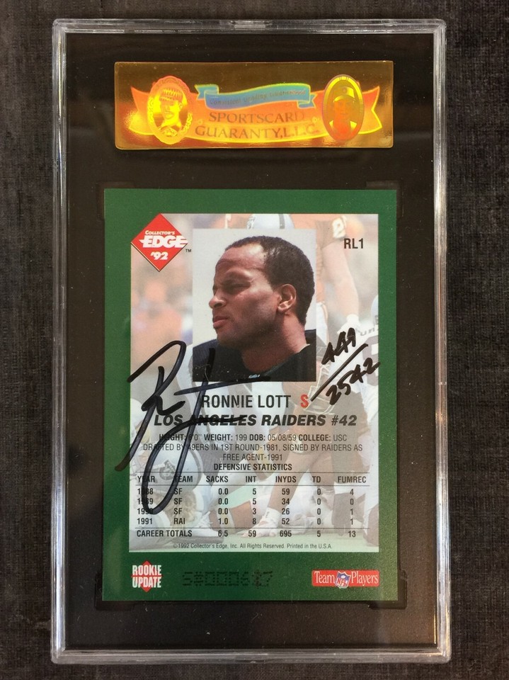 1992 Collectors Edge Ronnie Lott Certified Autograph 449/2542 SGC 96 ...
