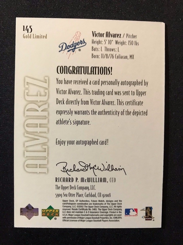 2002 SP Authentic Gold Victor Alvarez Rc Auto Dodgers Rookie Autograph ...