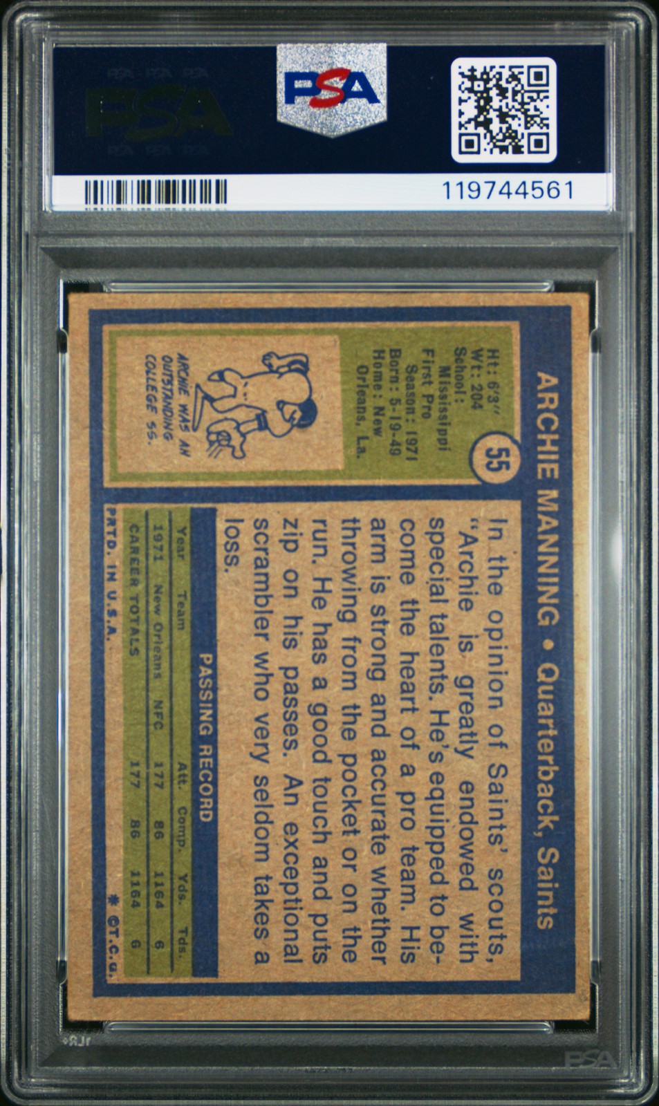 1972 TOPPS #55 ARCHIE MANNING ROOKIE RC PSA 2 | eBay