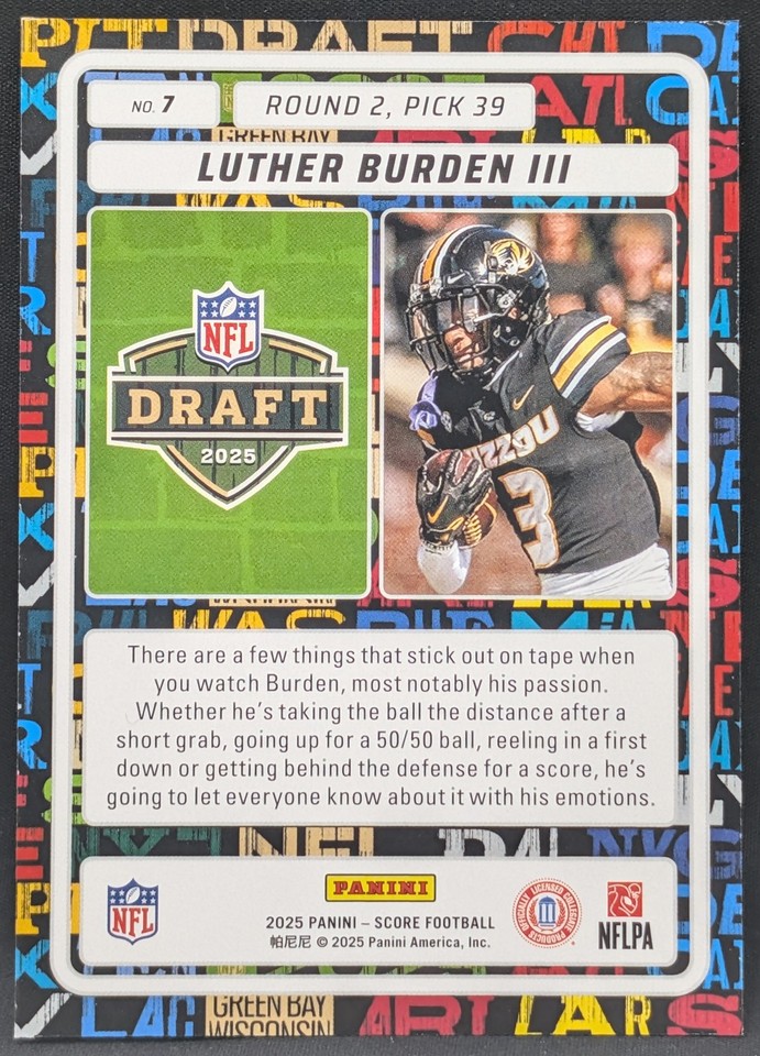 2025 Score NFL Draft Insert #7 Luther Burden III Chicago Bears RC | eBay