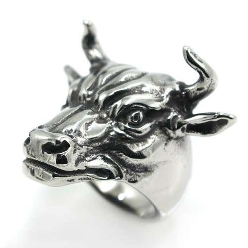 Stainless Steel Men's Bull Head Ring Ox Horn Powerful Punk Ring Vintage ...