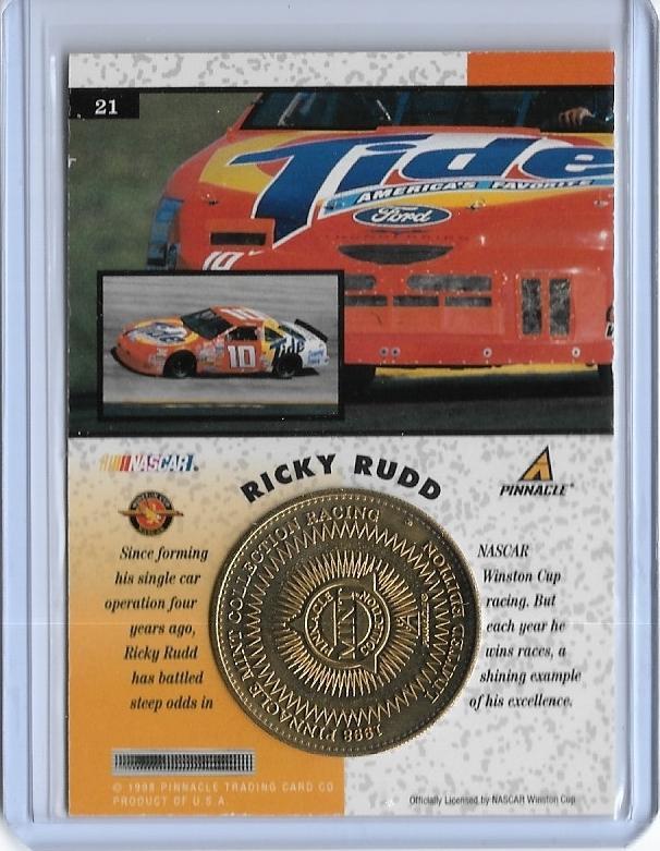 AWESOME 1998 PINNACLE MINT RICKY RUDD BRASS COIN & CARD #21 ~ NASCAR ...