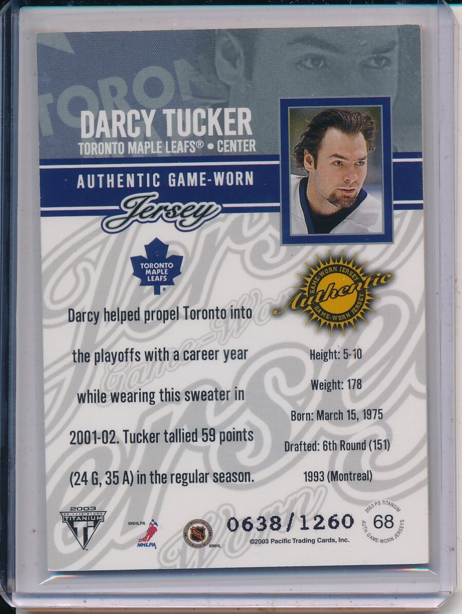 DARCY TUCKER 2002-03 PACIFIC PS TITANIUM AUTHENTIC GAME WORN JERSEY ...