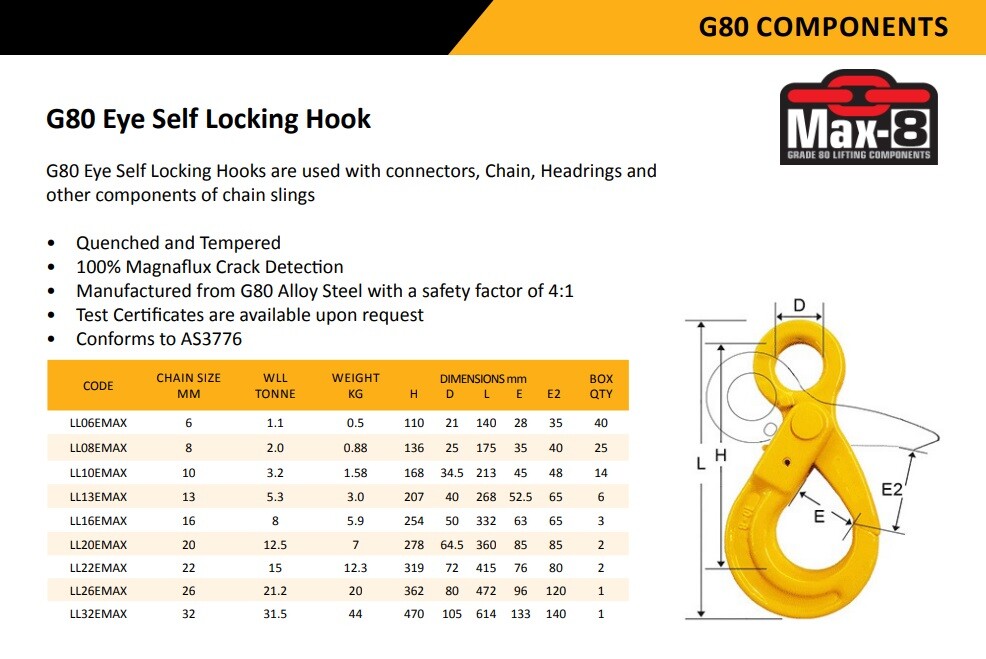 6 x 8mm Eye Self Locking Hook G80 Alloy Steel Lifting 4x4 Chain Rigging ...