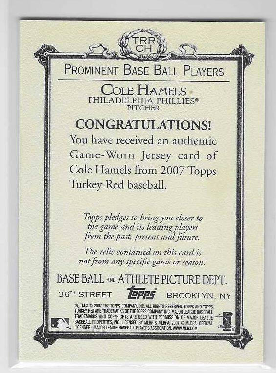 2007 Topps Turkey Red Relics #TRRCH Jersey COLE HAMELS Phillies | eBay