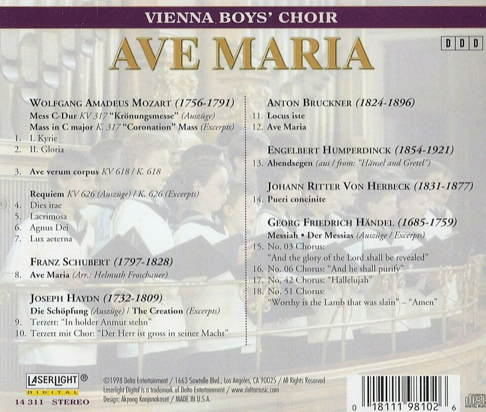 VIENNA BOYS CHOIR Ave Maria CD NEW MOZART SCHUBERT HAYDN HANDEL Austria ...