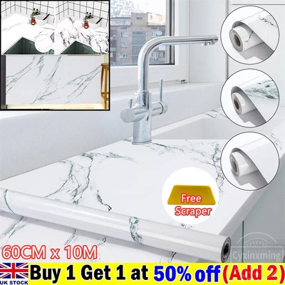 10M Self-Adhesive Kitchen Desk/Worktop Cover Vinyl Wrap Cupboard Marble ...