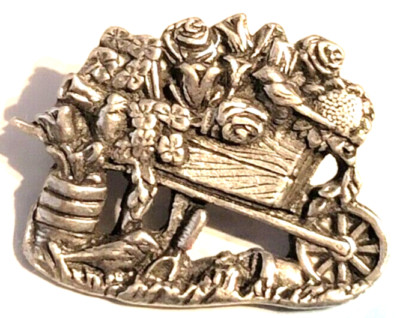 Pewter Brooch Pin Birds and Blooms, 2001 wheelbarrow & flowers Floral ...