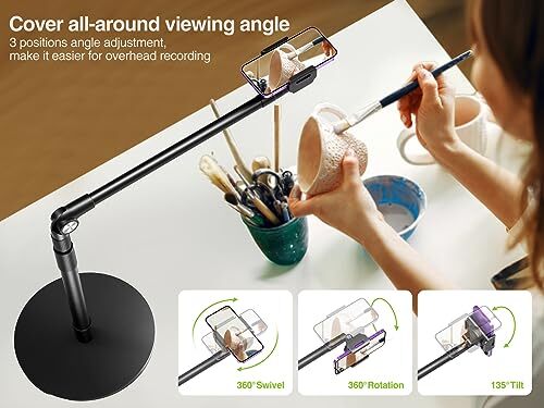 Heavy Duty Aluminum Overhead Phone Stand, 15 in Long Arm iPhone Holder ...