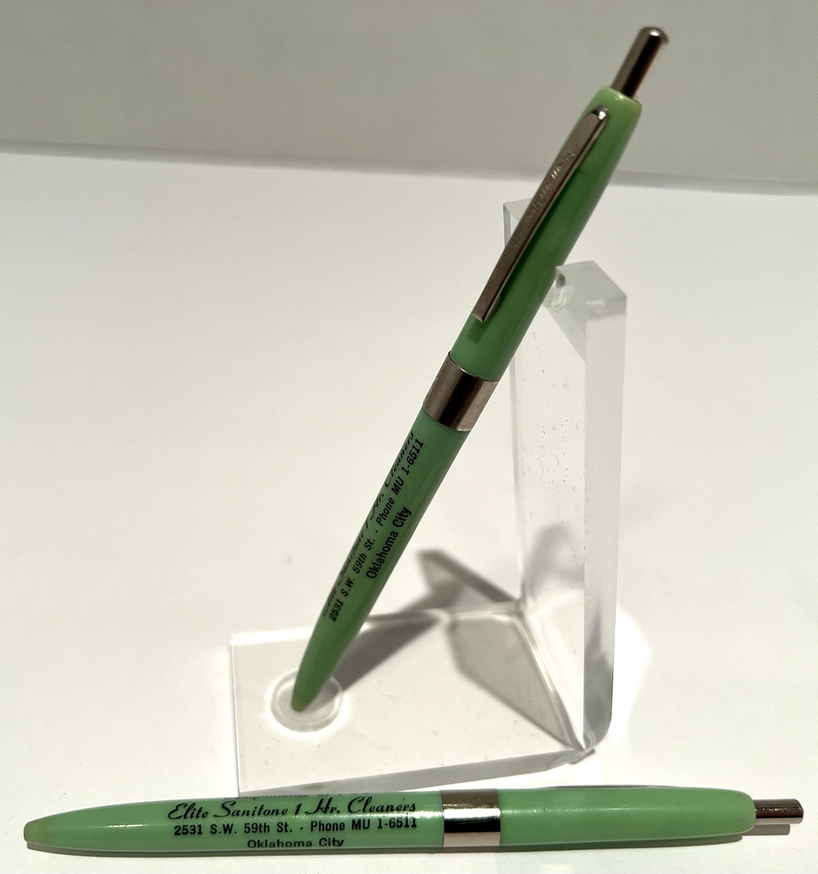 Vintage X2 Lot Advertising Ink Pens Compliments... Elite Sanitone 1 Hr ...