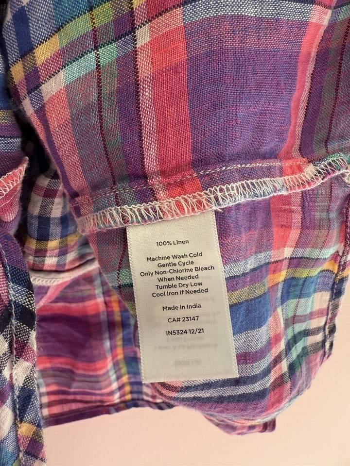 Talbots NEW Pink Purple Blue Square Neck Button Up Tie Waist Top 100% ...