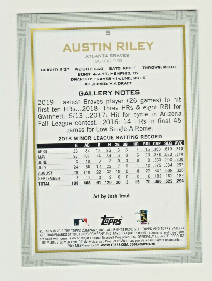 2019 Topps Gallery #5 AUSTIN RILEY RC Rookie Atlanta Braves QTY ...