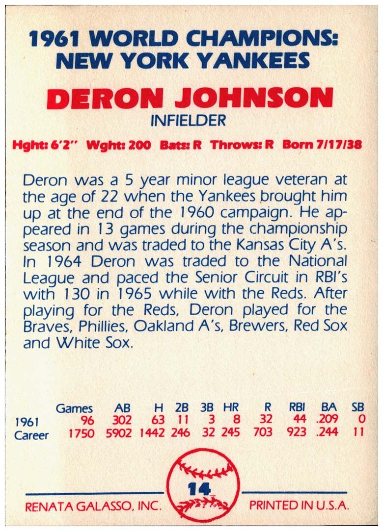 1982 Renata Galasso Deron Johnson #14 1961 World Champion New York ...