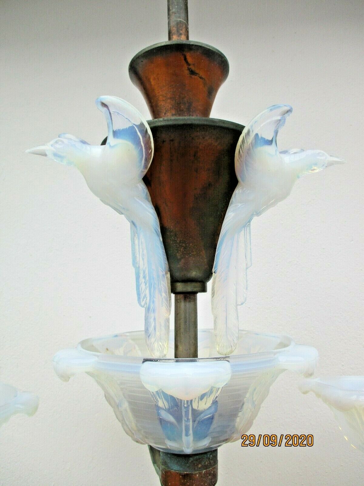 Lustre verre opalescent decor oiseaux Ezan Boris Lacroix époque Art ...
