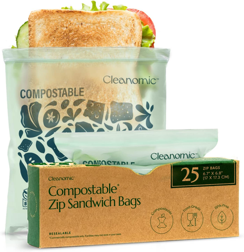 Cleanomic Compostable* Sandwich Size Food Storage Bags (25 Eco Zip ...