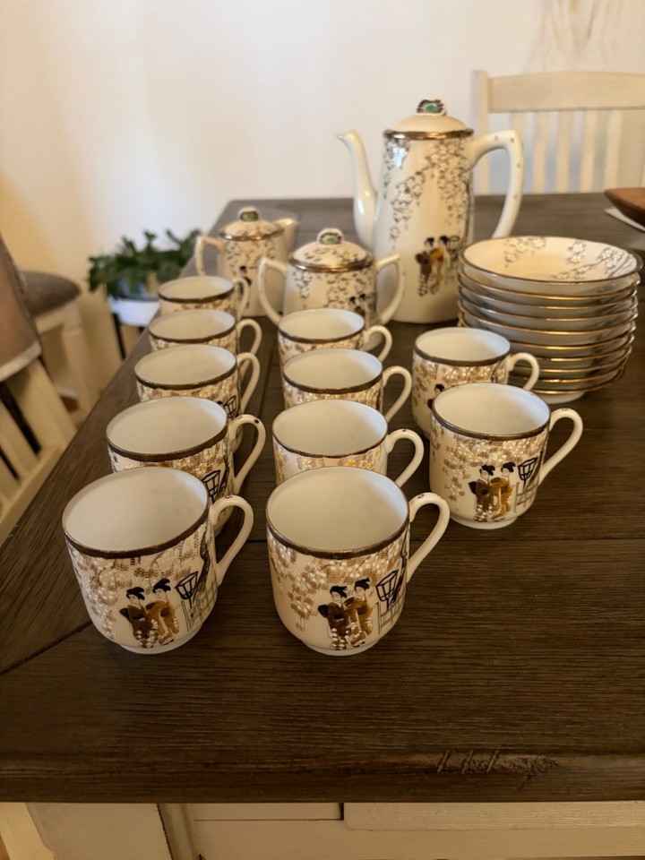 vintage Japanese Kutani Geisha tea set cherry blossoms gold | eBay
