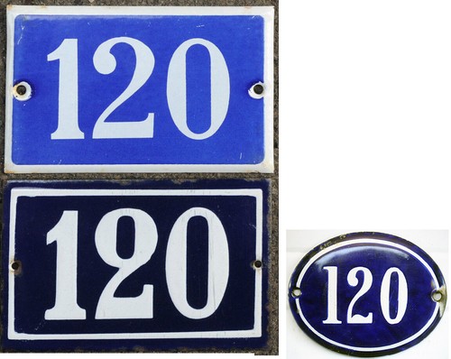 Old blue French house number 120 door gate plate steel enamel sign ...