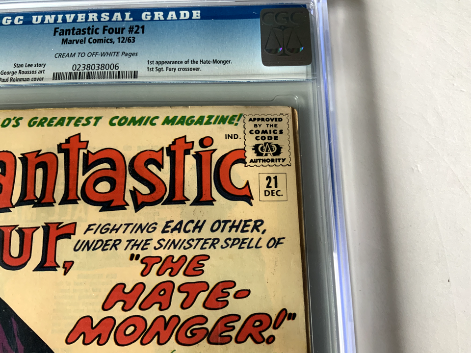 FANTASTIC FOUR 21 CGC 7.5 SGT. FURY 1ST HATE MONGER MARVEL COMICS 1963 ...