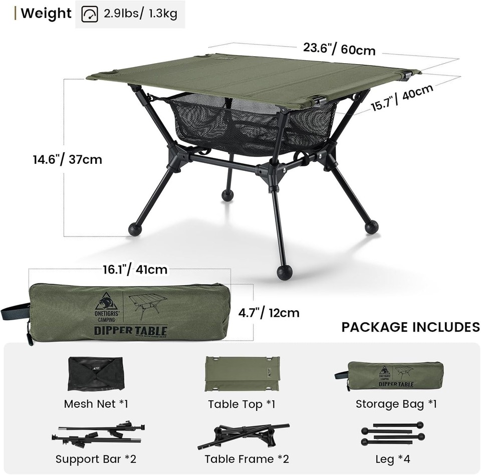 ONETIGRIS Folding Camping Table Lightweight Portable Mesh Storage High ...