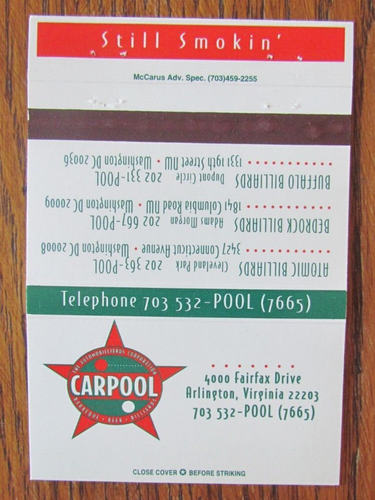 CARPOOL RESTAURANT MATCHBOOK COVER: ARLINGTON, VIRGINIA POOL HALLS ...